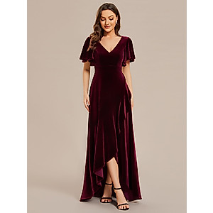 Ever-Pretty Women's Velvet Dress Wrap V Neck High Waist Ruffle Sleeve Church Wedding Guest Party Dresses Burgundy US14