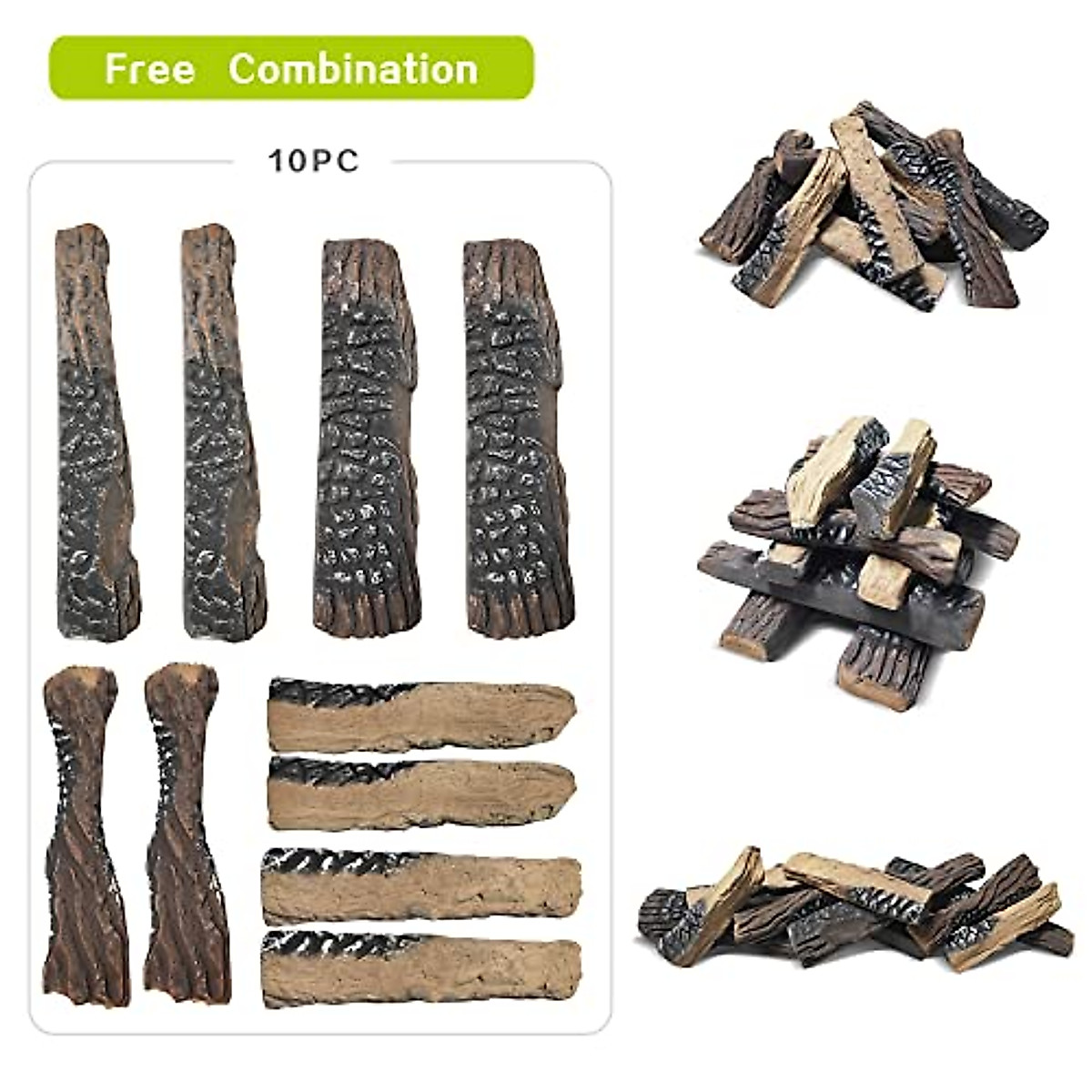 Large Gas Fireplace Logs, Set of 10 Ceramic Logs for Gas Fireplace, Artificial Realistic Firewood Logs, Indoor Outdoor Gas Logs for Fireplace Firepit, Ventless & Vent Free