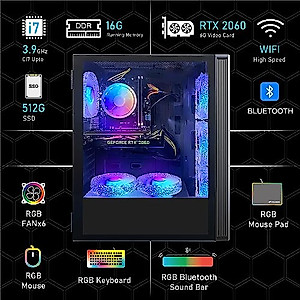 STGAubron Gaming Desktop PC Computer,Intel Core I7 3.4 GHz up to 3.9 GHz,GeForce RTX 2060 6G GDDR6,16G RAM,512G SSD,WiFi,BT 5.0,RGB Fanx6,RGB Keyboard&Mouse,RGB Mouse Pad,RGB BT Sound Bar,W10H64