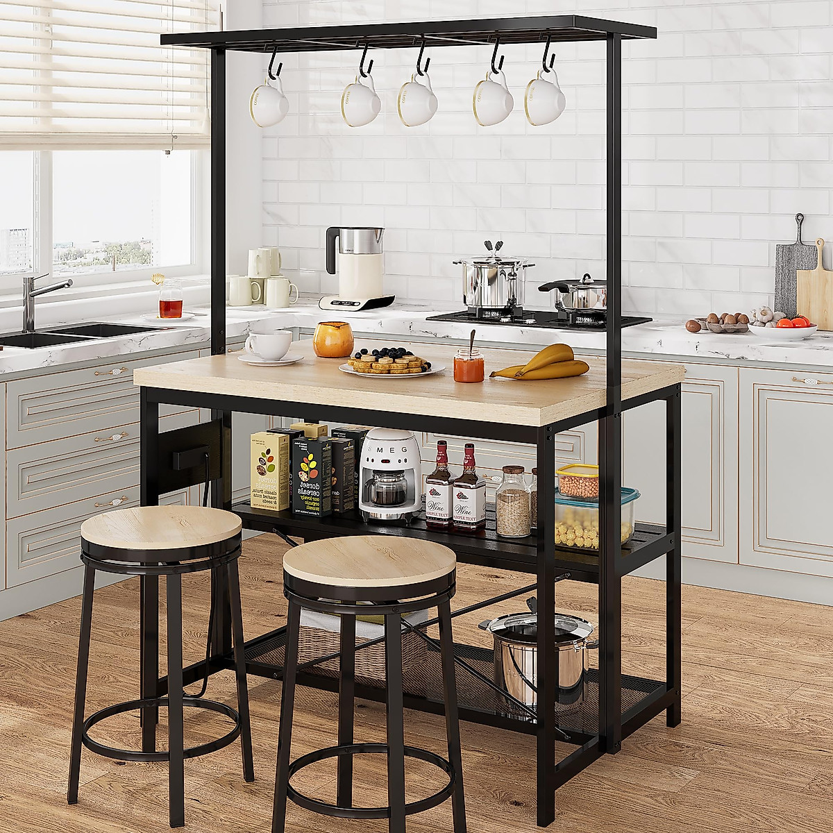 47" Large Kitchen Island Table Bakers Rack with Power Outlet and 3-Tier Storage-Microwave Stand Oven Shelf, Metal Coffee Bar Table ,Kitchen Storage Shelf for Dining Living Room, 5 Hooks，47"*28"*72"