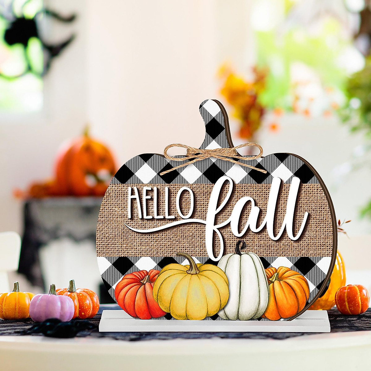 Geetery Thanksgiving Hello Fall Pumpkin Sign Decorations 12 Inch Double Printing Wooden Autumn Buffalo Plaid Welcome Tabletop Decor Farmhouse Thanksgiving Decorations for Harvest Living Room