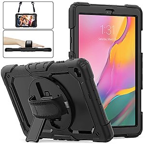 Samsung Galaxy Tab A 10.1 Case 2019 | Herize SM-T510/T515 Shockproof Rugged Protective Case Cover with Built-in Screen Protector, 360 Stand,Hand Strap& Shoulder Strap for Galaxy Tab A 10.1 Inch-Black