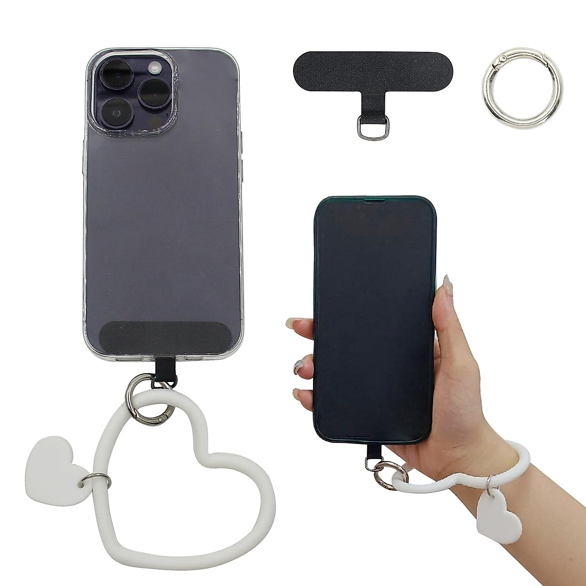 Luckyvestir Silicone Phone Lanyard, Heart Cell Phone Hand Wrist Strap with 2 Universal Tether Tab Smartphone Key Chain Wristlet Bracelet (White)