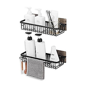 Shower Caddy Adhesive Shower Shelves, Self Adhesive Shower Shelves Shower Wall Caddy ,with Hooks and Wall Mounted Shower Shelves, Bathroom Storage 2 Pack Rustproof and for Bathroom, Kitchen, Dorm