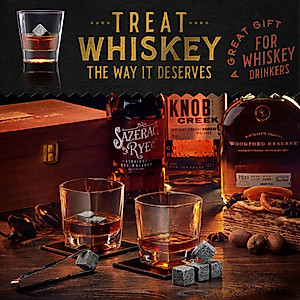 Whiskey Glass Set with Whiskey Stones in Wood Gift Box, Set of 2 Classic-Shape Whiskey Glasses,8 Chilling Stones, Pouch, 2 Coasters & Tongs—Whiskey Gifts for Men, Birthday Gifts, Alcohol Gift Sets