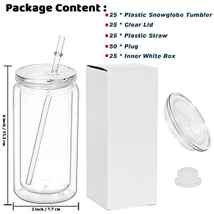 Maucircol 16 Oz Acrylic Snowglobe Tumbler, 25 Pack Pre-Drilled Double Wall Plastic Clear Cup for Glitter Snow Globe Diy, Double Wall Plastic Snowglobe Cup with Clear Lid