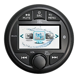 Gauge Style Bluetooth Marine Boat AM/FM/WB Tuner Receiver Bundle with Protective Radio Cover, 4X 6.5 225W Peak Power 2-Way LED Speakers (Black), 4-Ch Boat Amplifier w/Wiring Kit - OEM Replacement