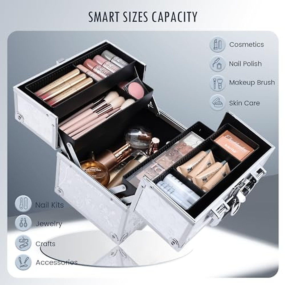 FRENESSA Makeup Train Case Portable Cosmetic Box Organizer 4 Trays Aluminum Makeup Case Storage with Divider Lockable for Makeup Artist, Crafter, Makeup Tools Elagant Silver Rose