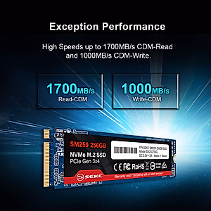 SEKC SM250256G 256GB NVMe M.2 2280 PCIe Gen 3x4, Solid State Drive R/W CDM Up to 1700/1000 MB/s, (Atto) Up to 3300/3100 MB/s, Internal SSD