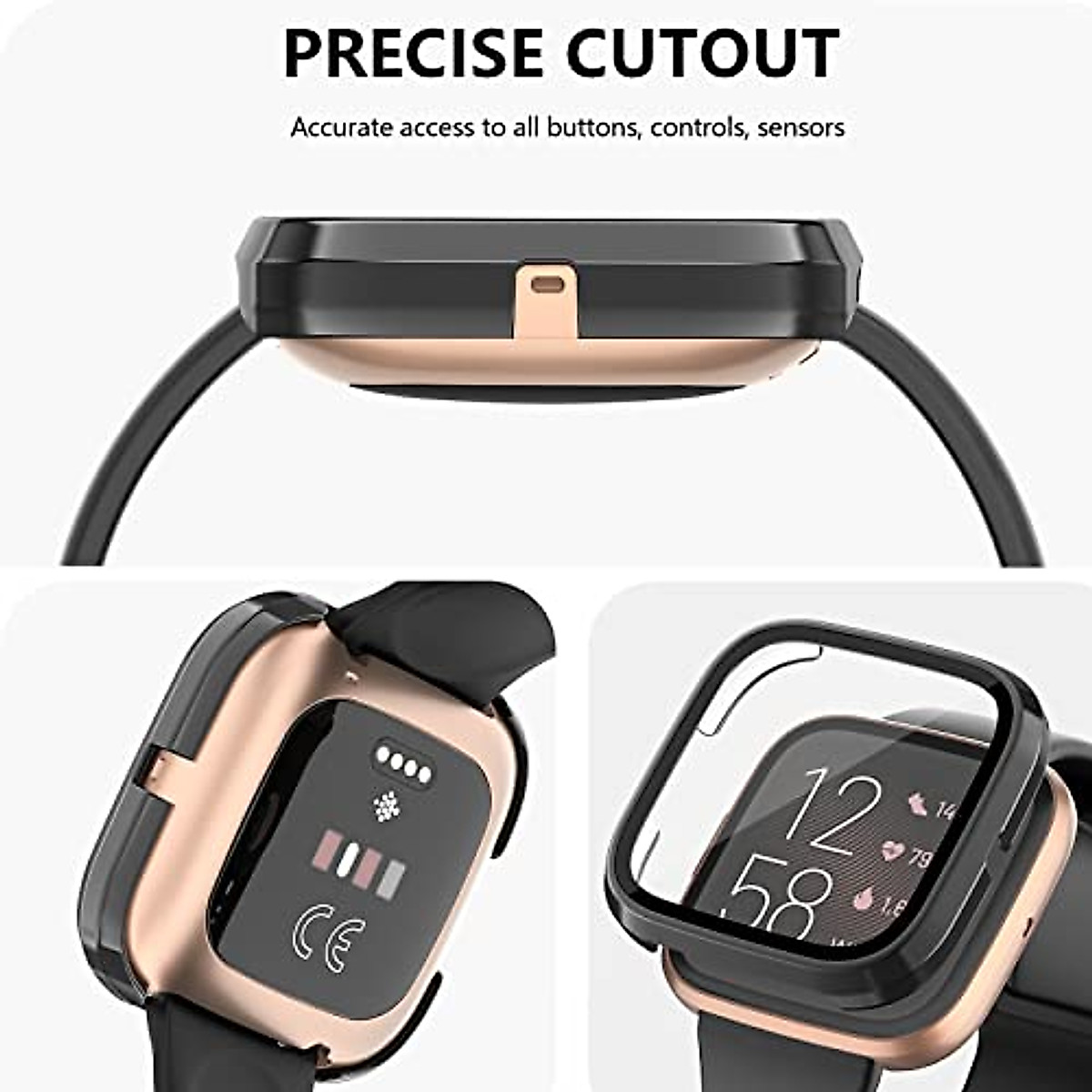 [3 Pack] Tobfit for Fitbit Versa 2 Screen Protector with HD Tempered Glass Protective Case, Hard PC Case Bumper Cover Full Coverage for Fitbit Versa 2 Smartwatch, Black/Black/Black