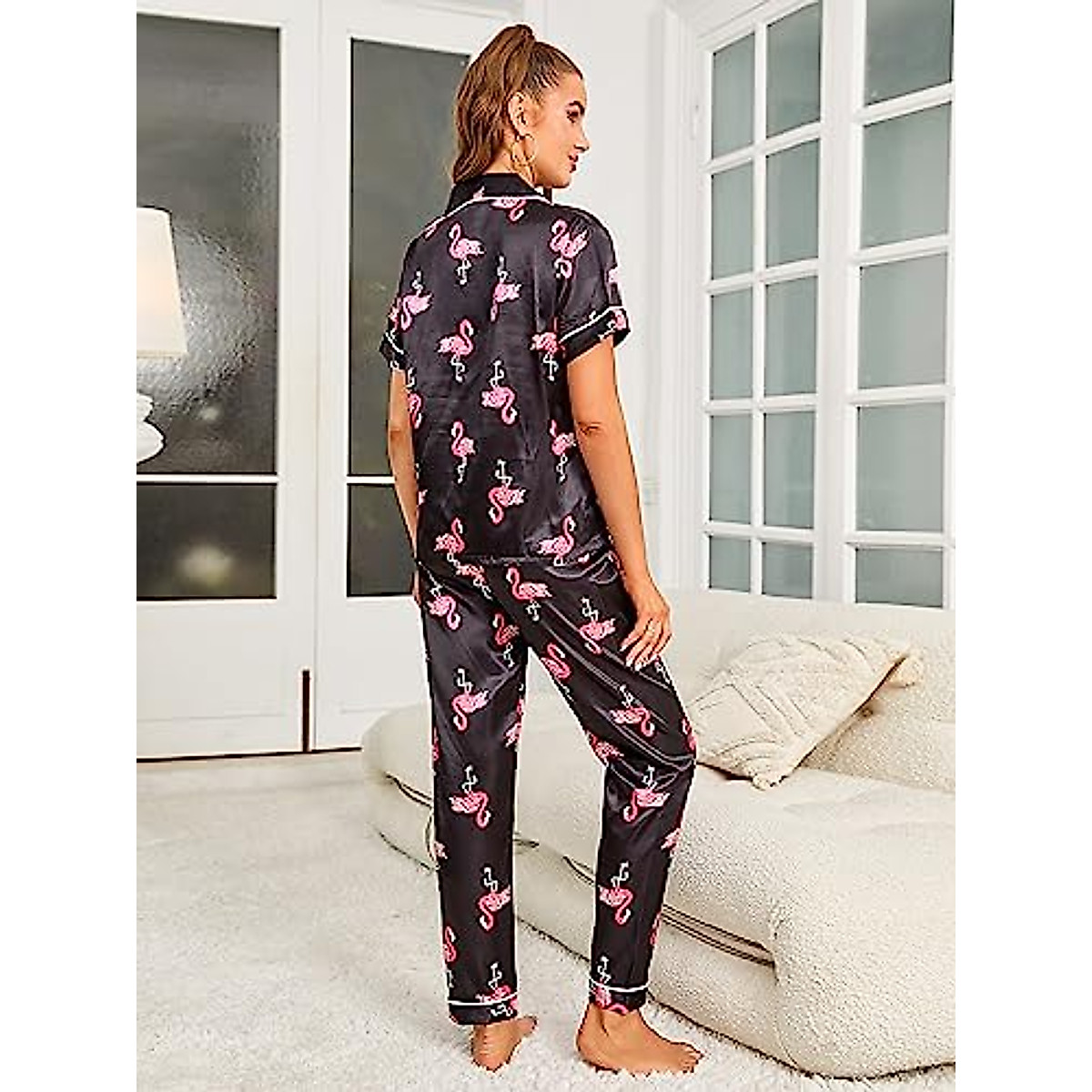 WDIRARA Women's 2 Piece Sleepwear Striped Satin Short Sleeve Shirt and Pants Pajama Set Animal Black M