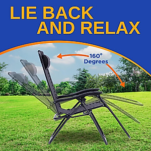 SereneLife Zero Gravity Chairs Set of 2 - Adjustable Steel Mesh Lawn Chairs - Outdoor Lounge Chairs with Detachable Cup Holder Tray - Foldable Outdoor Chair with Removable Pillows - Off Black