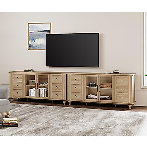 WAMPAT 2 in 1 Glass Door Farmhouse TV Stand for TVs Up to 110 inch, Wood Universal TV Console Table with Storage Cabinets, Entertainment Center for 32-110 inch TV Console Cabinet, 116'', Oak