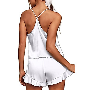 CHYRII Women's Sexy Cami Pajamas Sets Silk 2 PCS Lounge Sets with Ruffled Shorts Sleepwear White S