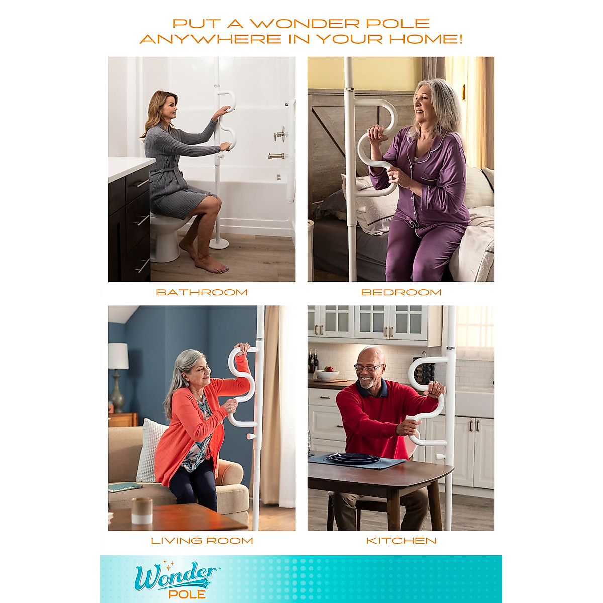 Stander Wonder Pole, Security Pole and Curve Grab Bar, Tension Mounted Floor to Ceiling Transfer Pole for Seniors, Elderly Adults, Bathroom Safety Assist and Stability Rail, Black