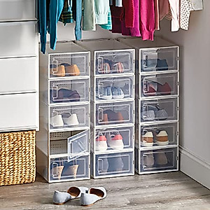 mDesign Stackable Plastic Closet Storage Box with Side Opening Panel- for Organizing Men's and Women's Shoes, Booties, Pumps, Sandals, Wedges, Flats, Heels, and Accessories, 8 Pack - White/Clear