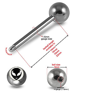 White ALIEN Logo Tongue Ring. 14Gx5/8(1.6x16mm) 316L Surgical Steel Barbell with 6/6mm Ball Tongue Piericng jewelry. Price per 1 Piece only.