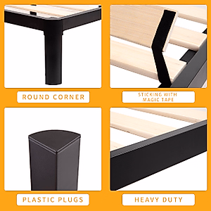 MAF 14 Inch Queen Platform Bed Frames with Wooden Slats, Black 3500 Lbs Heavy Duty Metal Bed Frame with Anti-Collision Round Legs, No Box Spring Needed, Easy Assembly