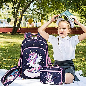 Dafelile Unicorn Backpack for Girls School Backpack Unicorn Bookbag 3 in 1 Set for Girls Elementary with Chest Strap and Lunch Bag