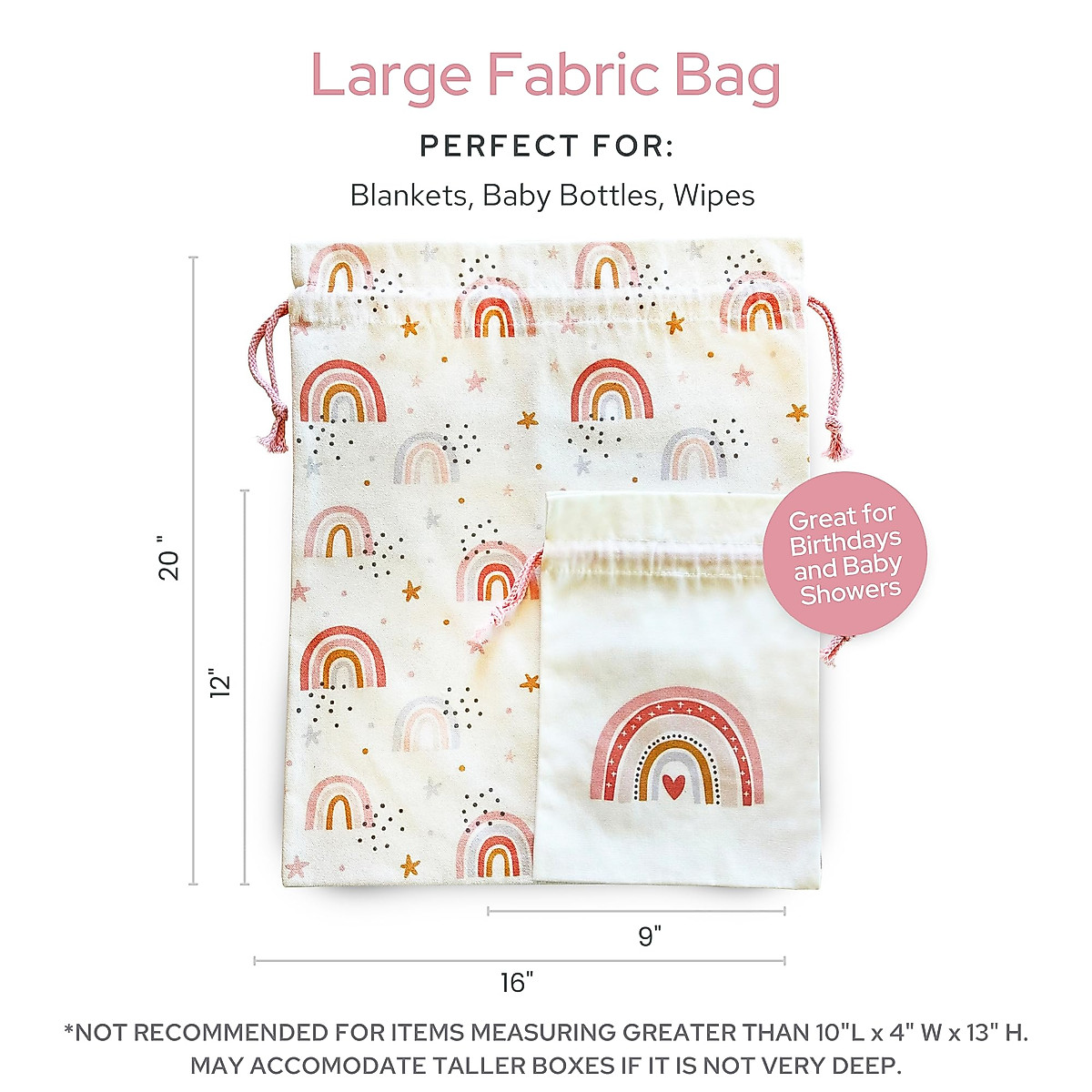 Gather & Knot Drawstring Gift Bags | 20" Large 12" Small | Premium Canvas | Reusable Fabric Wrap for Baby Shower or Girl Birthday | Rainbow