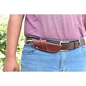 Knives Ranch Handmade All-Rounder Damascus Steel 7-1/2" Knife with Red Stag Antler Handle and Heavy-Duty Cow Leather Horizontal Carrying Cowboy Style Sheath (2142-SG)