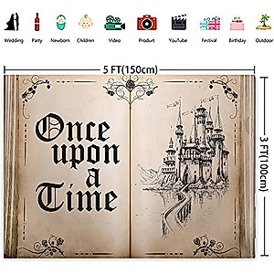 Fairy Tale Books Backdrop Once Upon a Time Backdrops Ancient Castle Princess Romantic Wedding Birthday Party Decorations Magic Book Background Banner Props 5x3FT