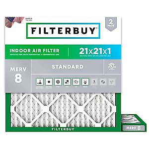 Filterbuy 21x21x1 Air Filter MERV 8 Dust Defense (2-Pack), Pleated HVAC AC Furnace Air Filters Replacement (Actual Size: 20.88 x 20.88 x 0.75 Inches)