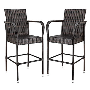VINGLI Wicker Bar Stools Outdoor Set of 2, Outdoor Bar Height Chairs, Patio Furniture Bar Stools Wicker for Garden Pool Lawn Backyard