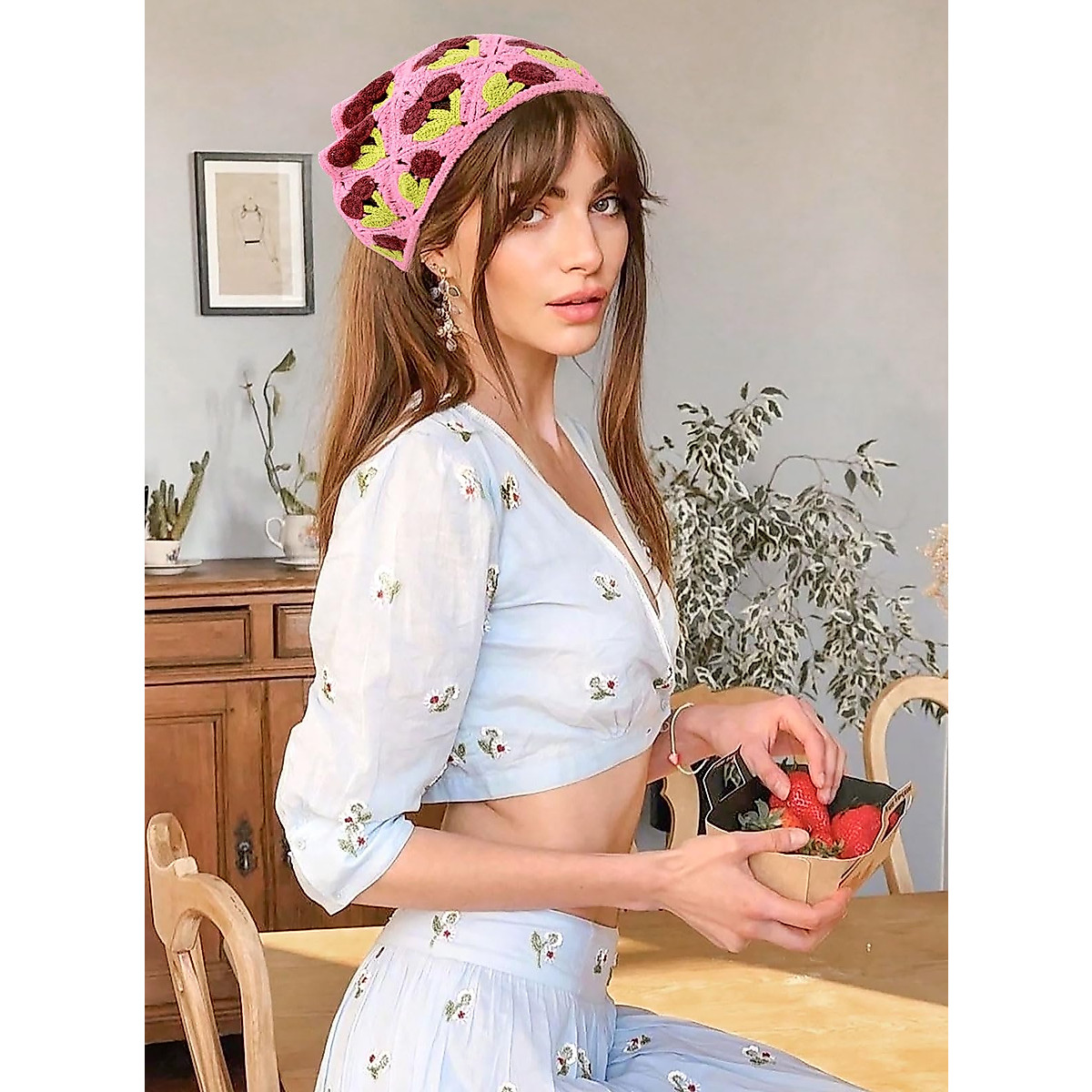 GERINLY Women Crochet Hair Bandana 2 Pcs Boho Triangle Head Scarf Kerchief Elegant Lace and Cute Cherry Accessory