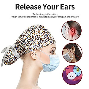 6 pcs Adjustable Bouffant Scrub Turban Cap with Buttons for Nurse Long Hair Ponytail,Surgical Beanie Hat for Medical Working