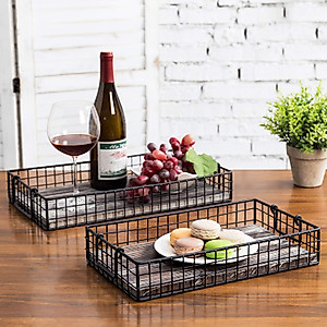 MyGift Black Metal Large Serving Tray, Wire Basket Style Nesting Ottoman Trays with Burnt Wood Base and Handles, Set of 2