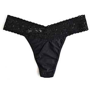 hanky panky, Supima Cotton Original Rise Thong with Lace, Black, One Size (4-14)
