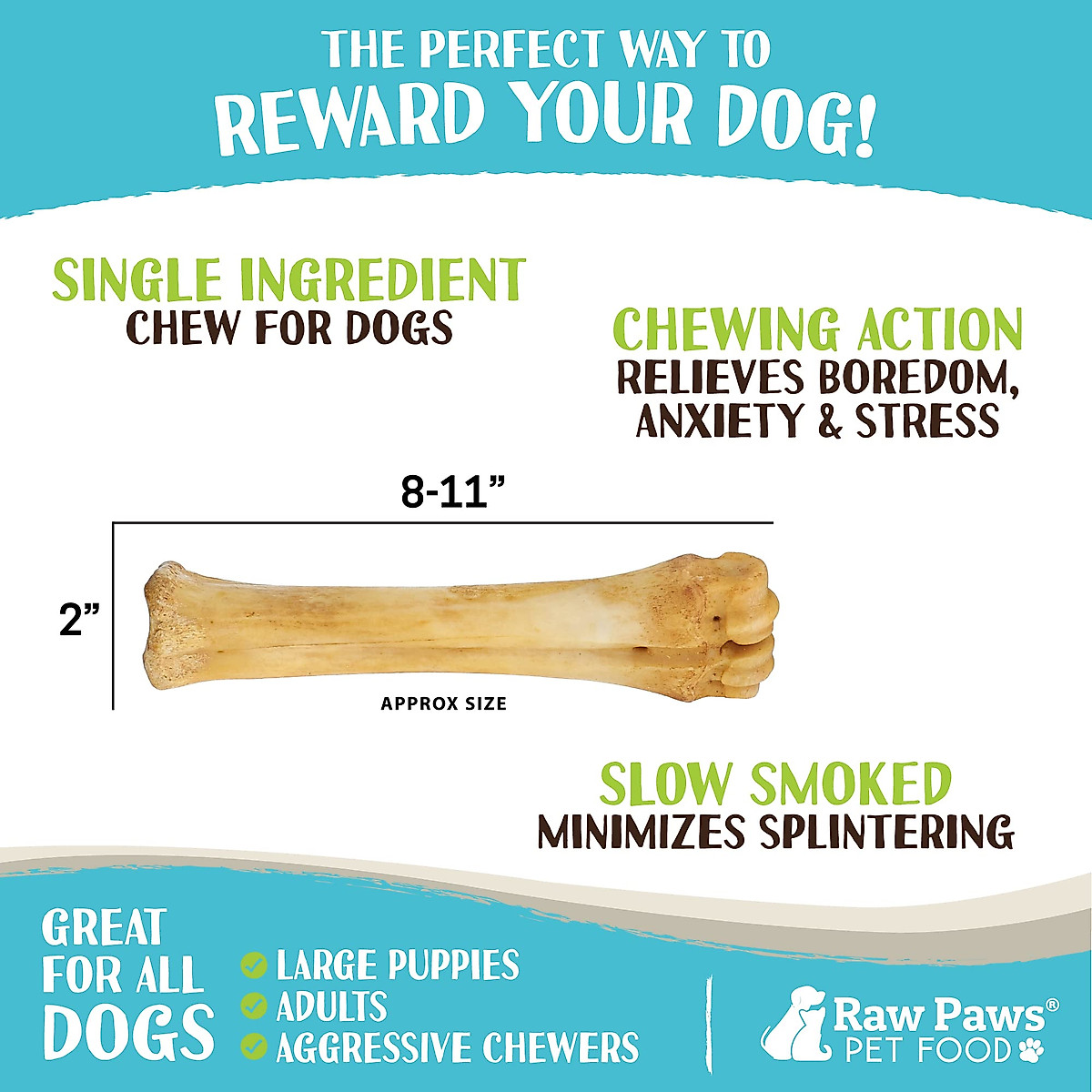 Raw Paws Smoked Beef Shin Bones for Dogs, 8-inch, 3-ct - Made in USA - Free-Range, Grass-Fed, Naturally Smoked Bones for Dogs - Dog Chew Bones for Aggressive Chewers - Beef Dog Bones for Large Dogs