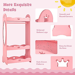 Costzon Kids Dress up Storage Wardrobe, Toddler Armoire Dresser Wardrobe w/Mirror & Cloth Hanger, Cute Crown Patterns, Pretend Costume Closet Toy Organizer, Perfect for Kids Bedroom, Playroom (Pink)