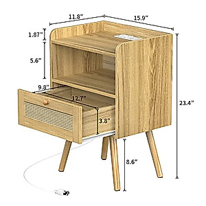 SUPERJARE Nightstands Set of 2, Night Stands with Charging Station & PE Rattan Decor Drawer, Bed Side Tables with Solid Wood Feet, End Table, for Bedroom, Living Room - Natural