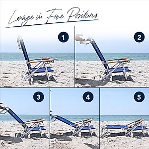 Caribbean Joe Folding Beach Chair, 5 Position Lightweight and Portable Reclining Outdoor Camping Chair with Wooden Armrests and Carry Strap, Red, White and Blue Stripe
