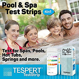 Pool and Spa Test Strips - Hot Tub Test Strips - 4 Way Quick & Accurate Chlorine Test Strips - 125 Pcs Test Hardness, Bromine, pH, Free Chlorine, Total Chlorine and Total Alkalinity - TESPERT