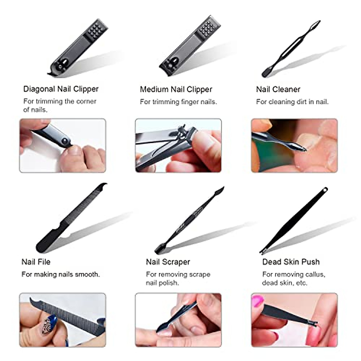 FIXBODY Manicure Pedicure Set - Nail Clippers Toenail Clippers Kit Includes Cuticle Remover with Black Leather Travel Case, Gift for Men and Women, Set of 15