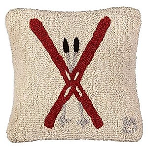 Chandler 4 Corners Artist-Designed Crossed Skis Hand-Hooked Wool Decorative Christmas Throw Pillow (14” x 14”)