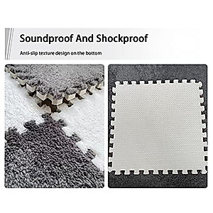 9/12/15/16 Pcs Interlocking Foam Carpet Tiles,Soft Fluffy Plush Area Rug Mat,Crawling Playmat Puzzle Mat,for Bedroom, 12X12inch, 0.4 Inch Thicken Foam,Grey+Rose red,16 PCS