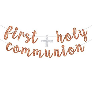 First Holy Communion Banner - Boy/girl Baptism Bunting Sign, Religious Banner for Baby Shower Banner Party Decorations Supplies(Rose Gold and Sliver)