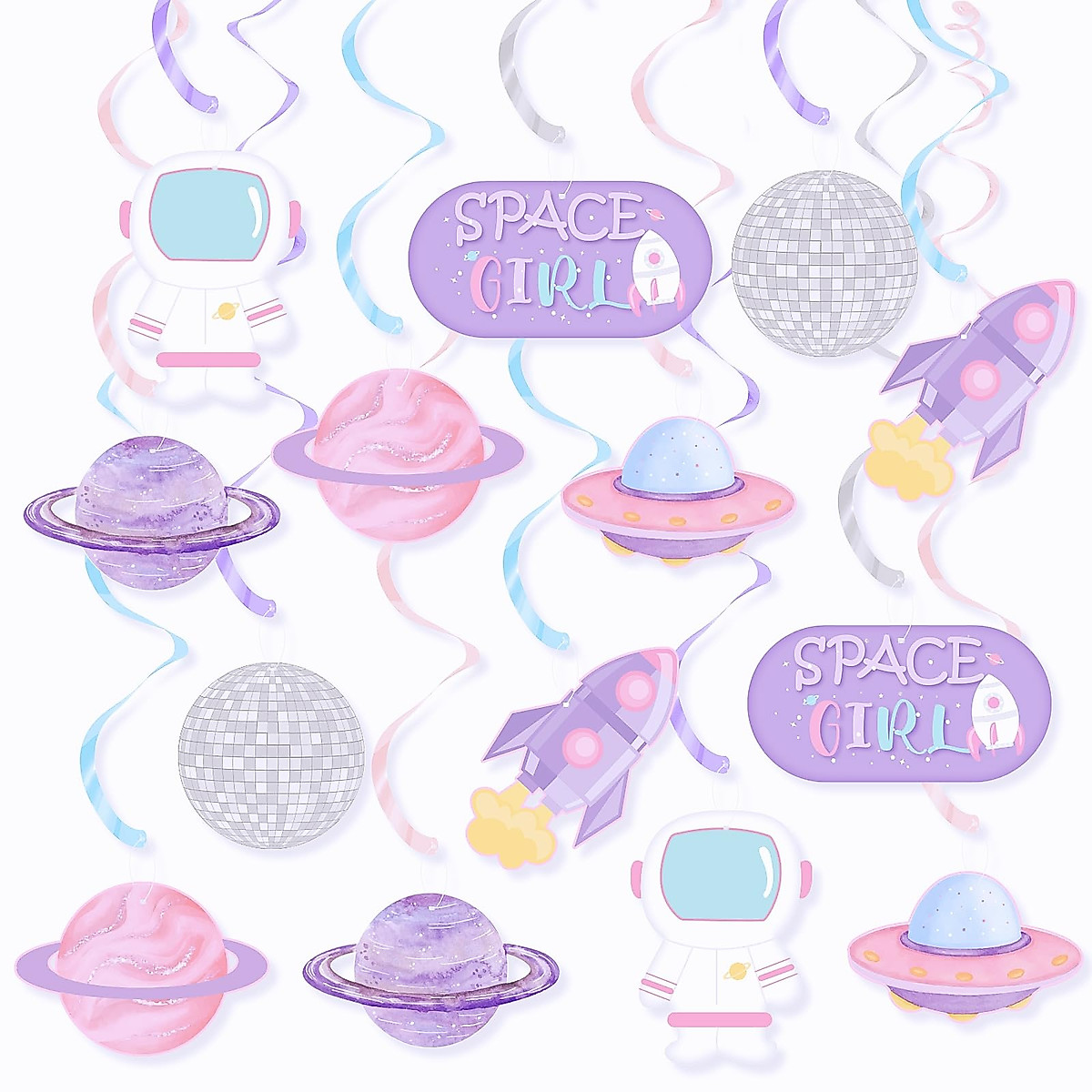 20Pcs Girl Outer Space Hanging Swirl Party Decor,Out of This World Space Disco Themed Party Ceiling Streamer Interstellar Planet Astronaut Rocket Space Two the Moon Baby Shower Birthday Party Supplies