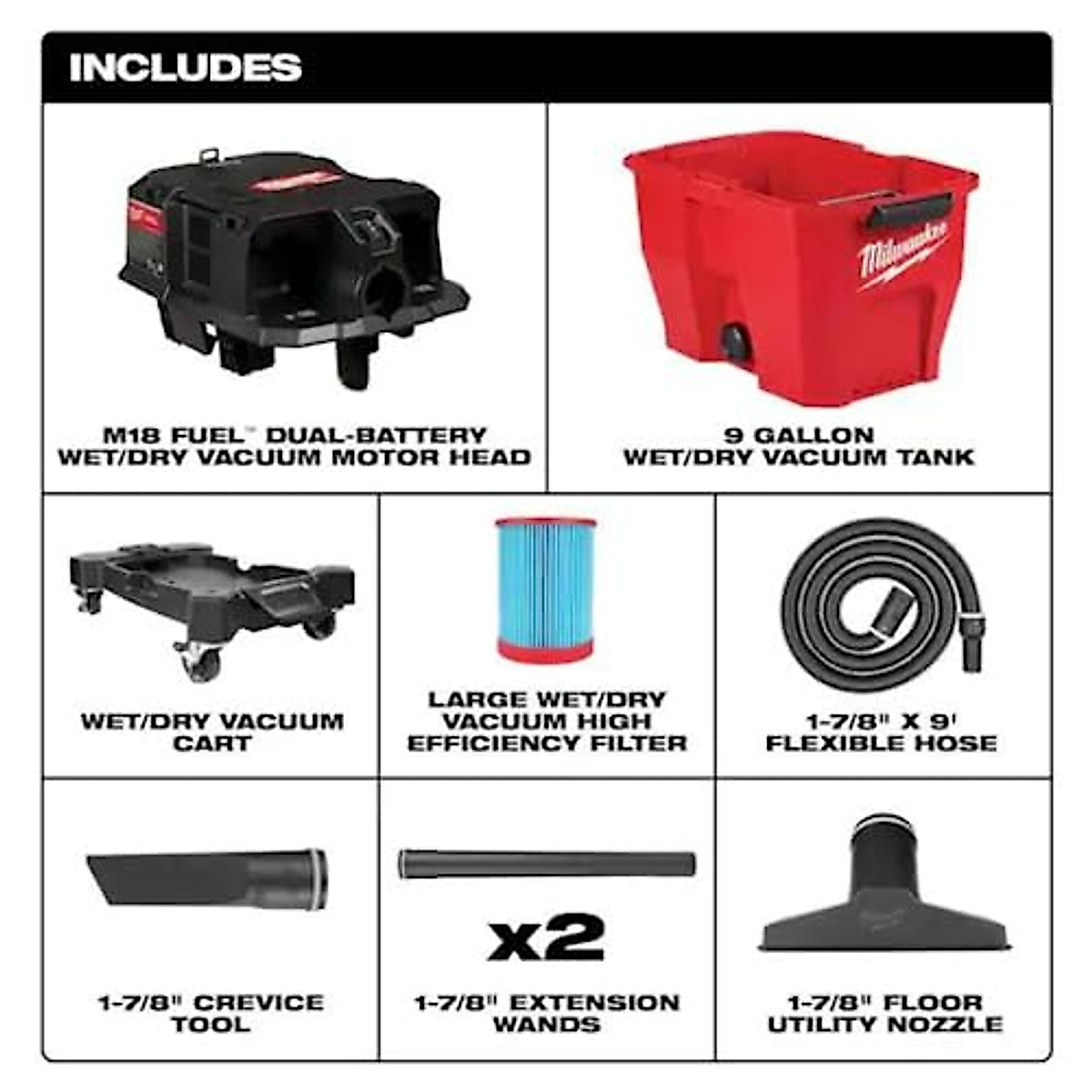Milwaukee 0920-20 M18 Fuel 9 Gallon DualBattery Wet/Dry Vacuum (Bare Tool)