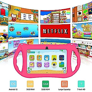 RliyOliy Kids Tablet, 7 inch Android 12 Tablet for Kids, 3GB RAM 32GB ROM Toddler Tablet with Bluetooth, WiFi, GMS, Parental Control, Dual Camera, Educational, Games(Pink)