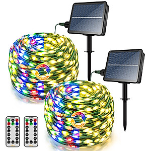 Ollny Solar String Lights Outdoor 2Pack Each 180LED 60FT 11Modes IP67 Waterproof, Warm White & Multicolor Solar Fairy Lights with Timer Memory for Patio Christmas Decorations