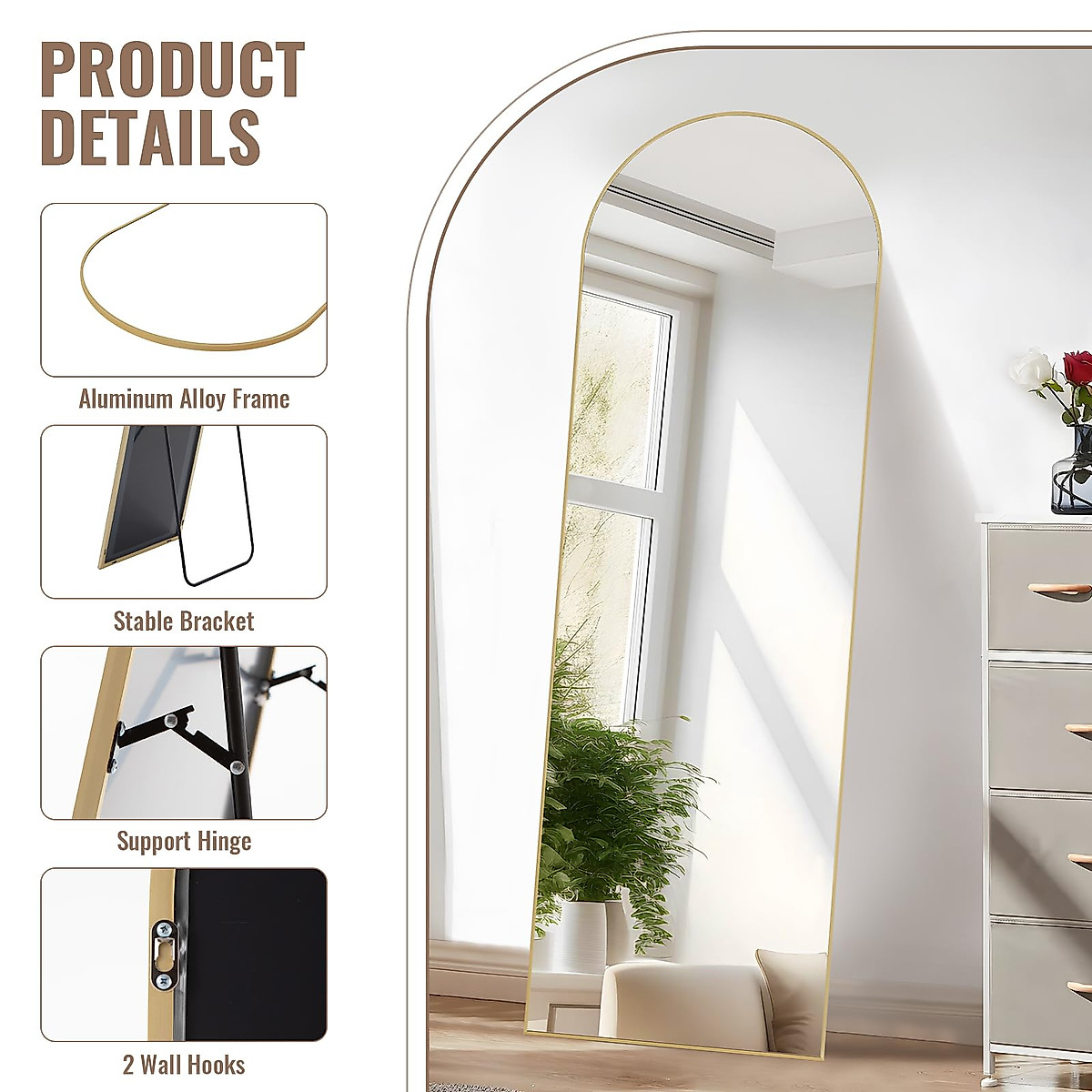 NEWBULIG 59"x16" Full Length Floor Mirror,Wall Mounted Mirror Hanging or Leaning, Arched Floor Mirror for Living Room Cloakroom,Gold-Arched