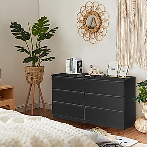Karl home 6 Drawer Double Dresser for Bedroom, Wood Dresser with Deep Drawers, Long Dresser with Cut-Out Handles, 55" Wooden Dresser with Large Storage, Dresser Chest of Drawers, Black