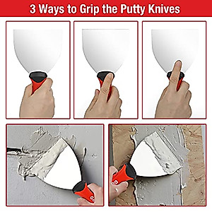 Goldblatt 4-piece Stainless Steel Joint Knife Set, 3-piece 4'', 5'', 6'' Putty Knives and 9-in-1 Multi-Tool Painter Scraper, Soft Handle with Hammer End, for Drywall