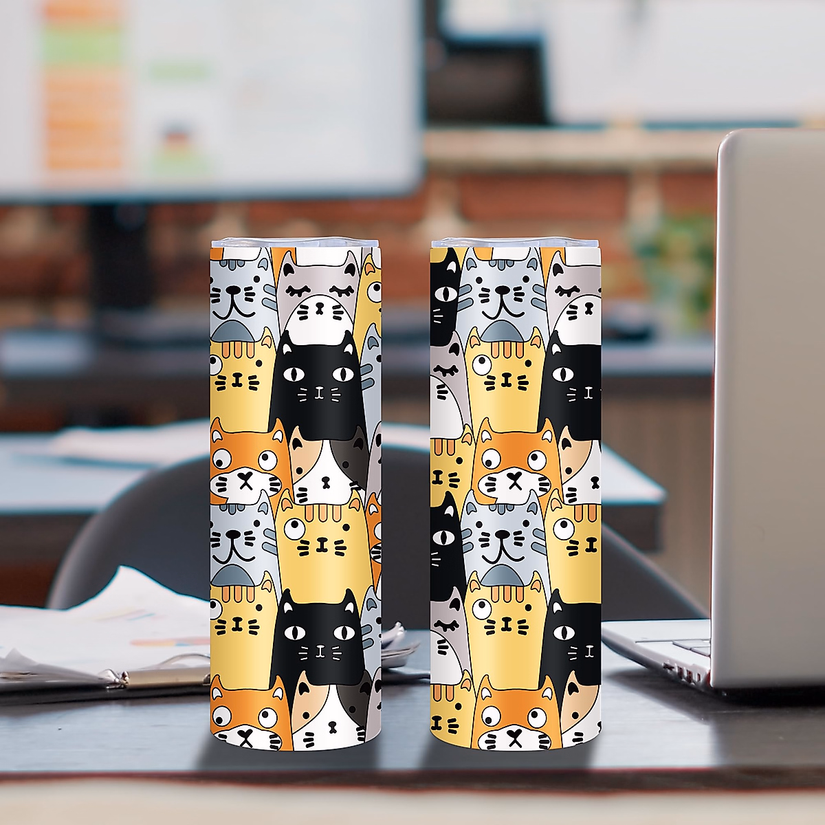 MoYueno Cat Mugs for Cat Lovers, Slim Kitty Tumbler with Lid & Straw & Brush, Kitty Coffee Mugs for Animal Lovers, Color Animal Tumbler 20 Oz