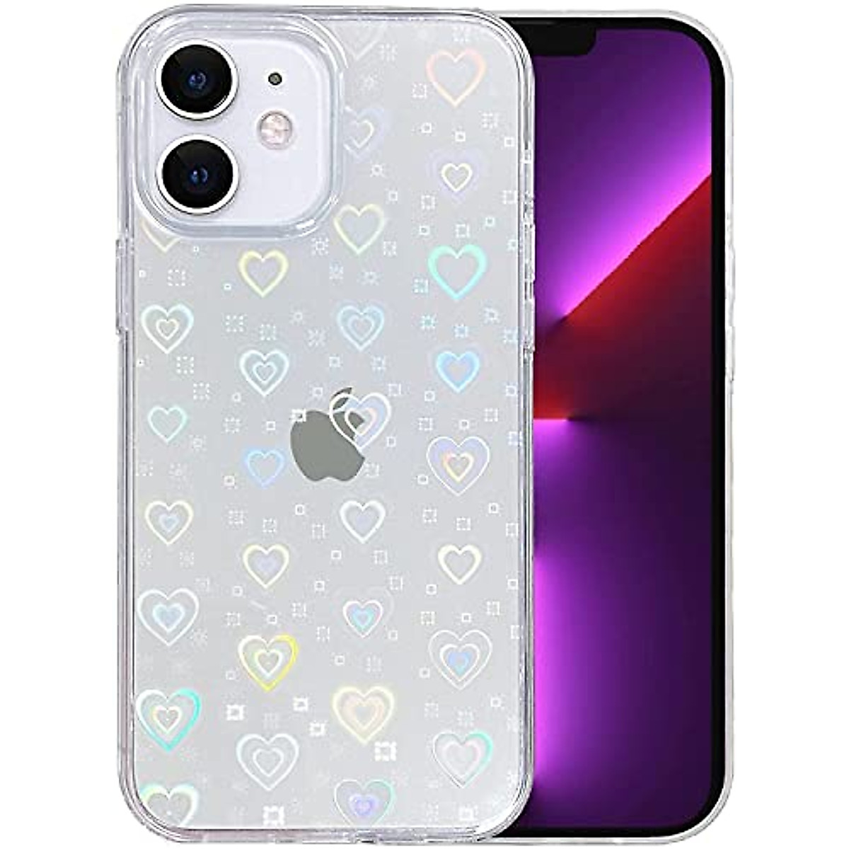 SmoBea Compatible with iPhone 12 Mini Case, for Laser Glitter Bling Heart Soft & Flexible TPU and Hard PC Back Shockproof Cover Women Girls Heart Pattern Phone Case (Rainbow Heart/Clear)